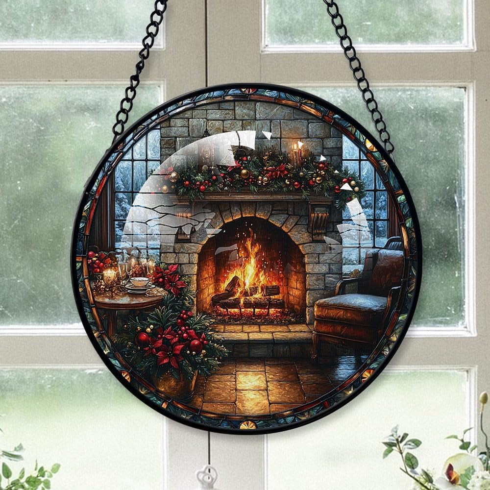 Christmas Fireplace Staned Glass Suncatcher, Christmas Fireplace Decor ...