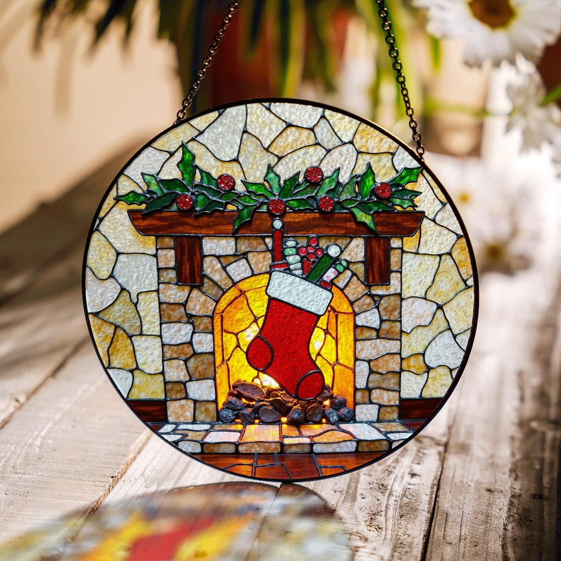 Christmas Fireplace Stocking Glass Suncatcher, Holiday Window Art ...