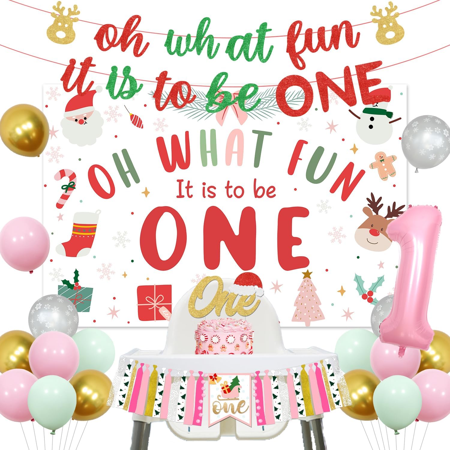 Christmas First Birthday Party Decoration Pink Oh What Fun It Is to Be ...