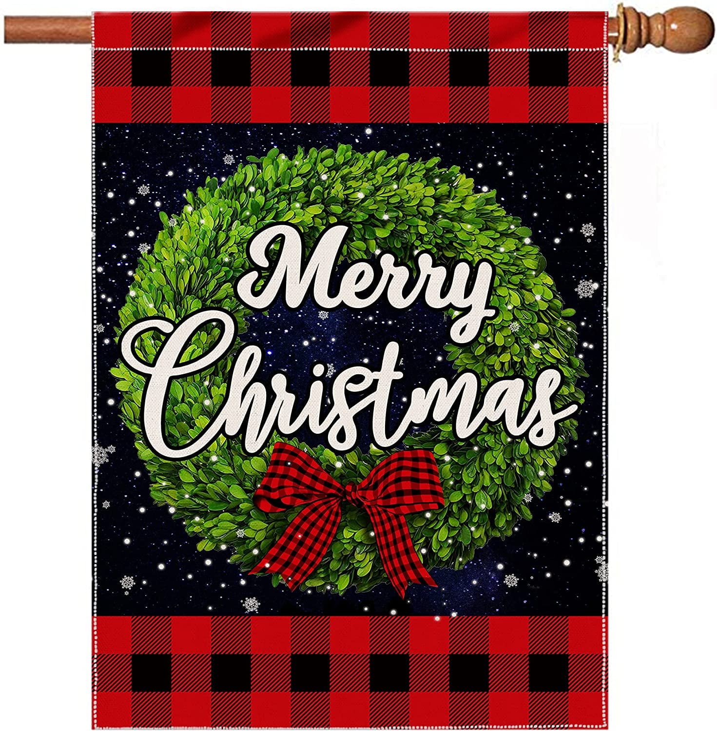 28x40 Double Sided Winter Flag: Boxwood Wreath Buffalo Plaid Outdoor ...
