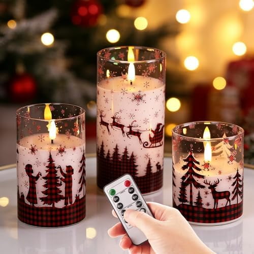 Christmas Flameless Pillar Candles with Remote, Red Buffalo Plaid Table ...