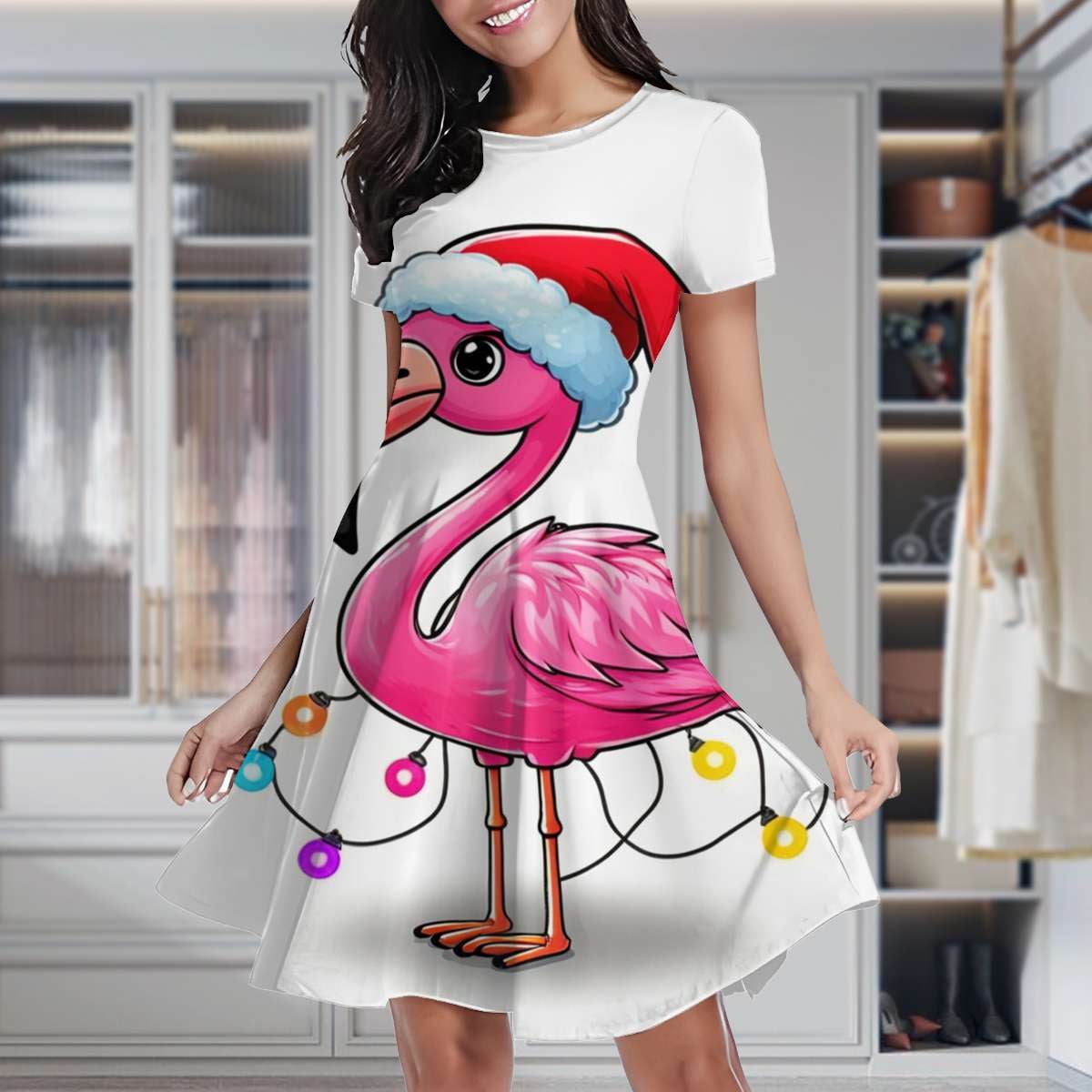 Christmas Flamingo Lights Women's Classic Swing Skater Dress Casual ...