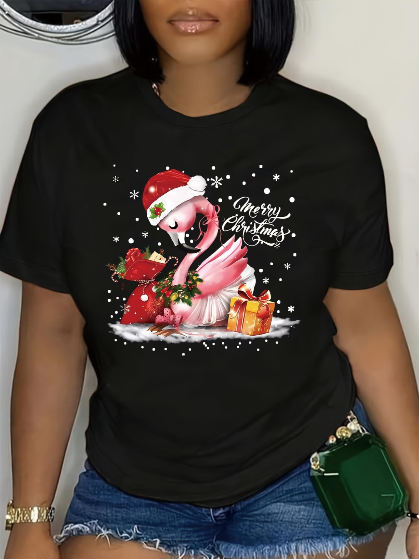 Christmas Flamingo Print Crew Neck T-Shirt - 100% Polyester Casual Knit ...