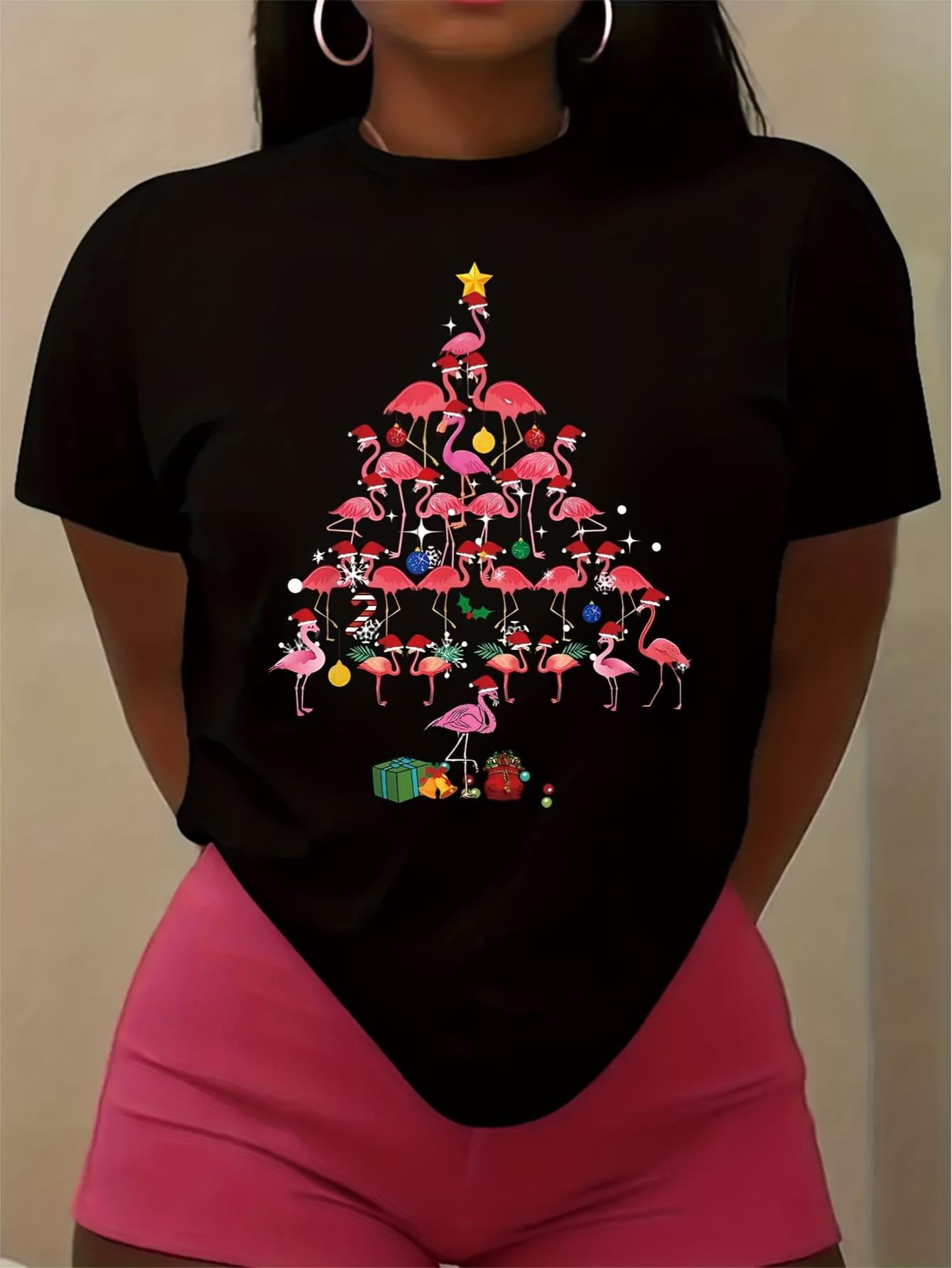 Christmas Flamingo Print Crew Neck T-shirt, Casual Short Sleeve Top For ...