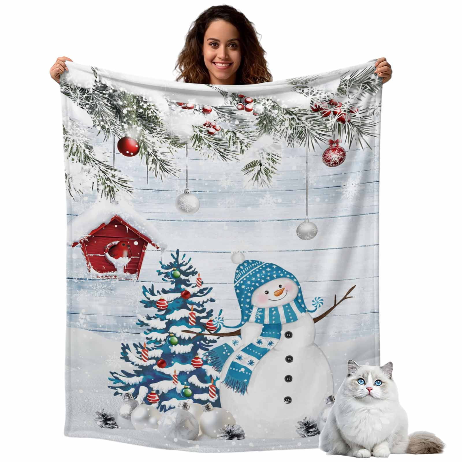 Christmas Flannel Blanket for Bed,Travel and Camping, Blue Hat Snowman ...