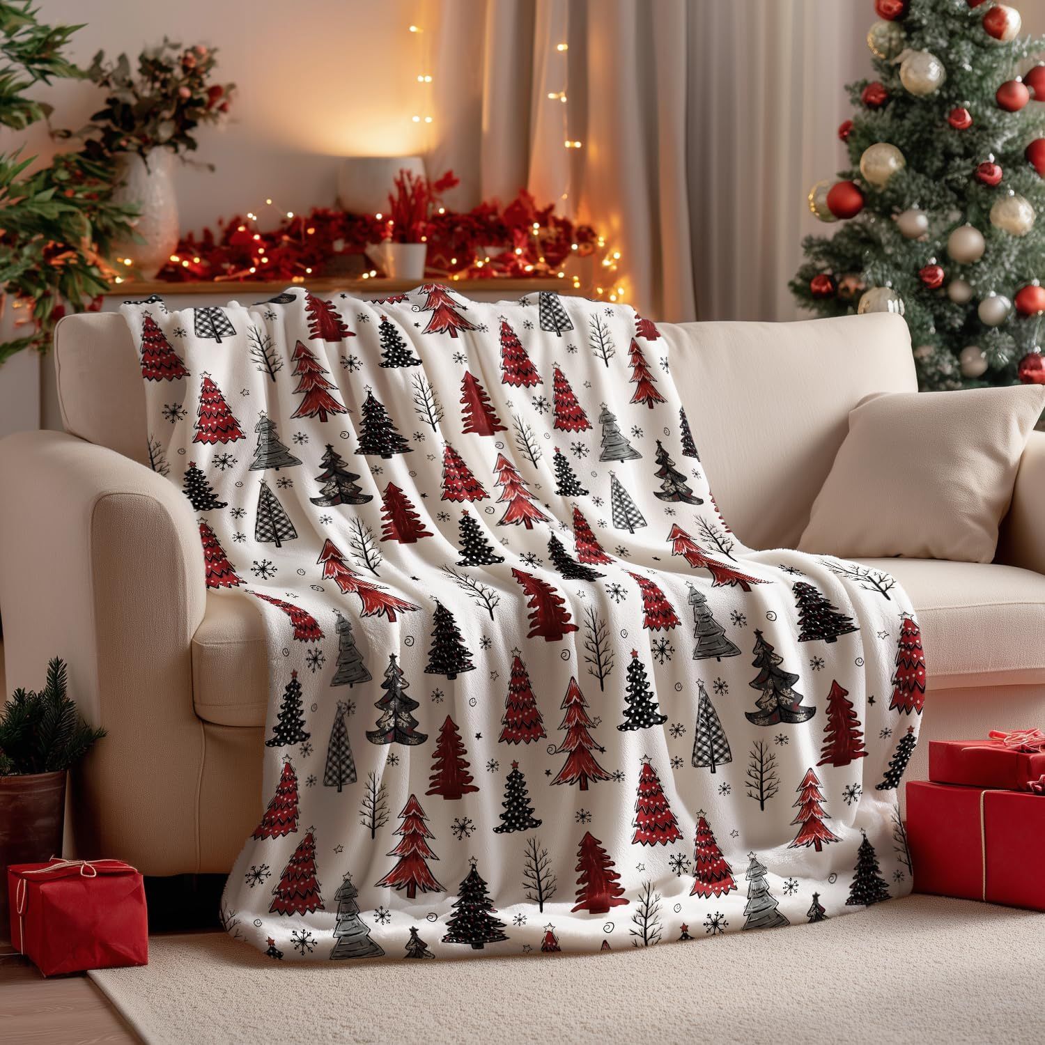 Christmas Flannel Blanket Throw, Christmas Trees Buffalo Plaid Dots ...