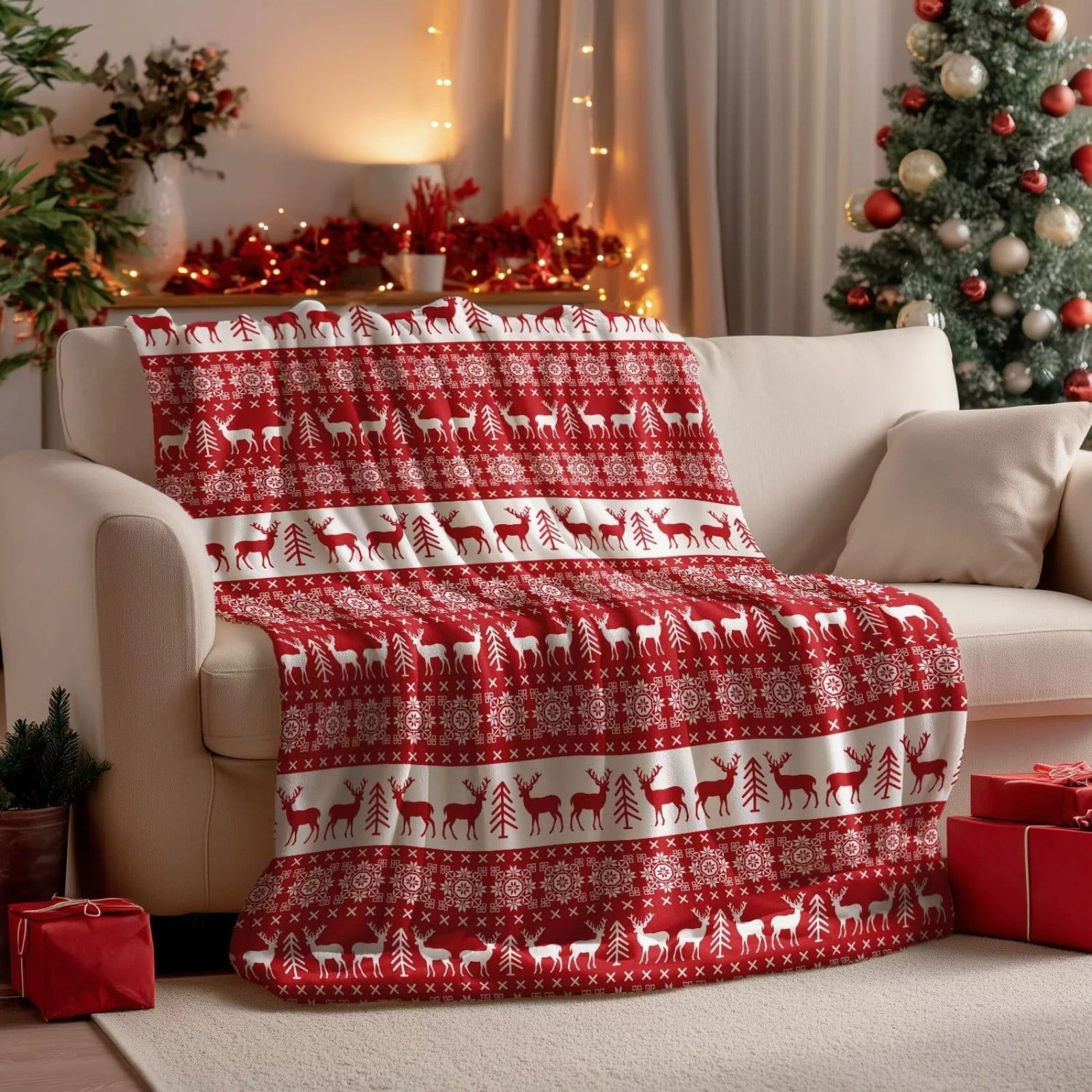 Christmas Flannel Blanket Throw Green Reindeer Soft Fuzzy Plush Cozy ...