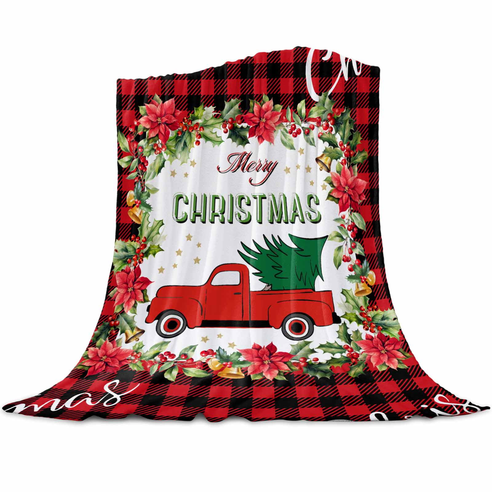 Christmas Fleece Blankets for Couch, Red Flowers Truck Pine Tree ...