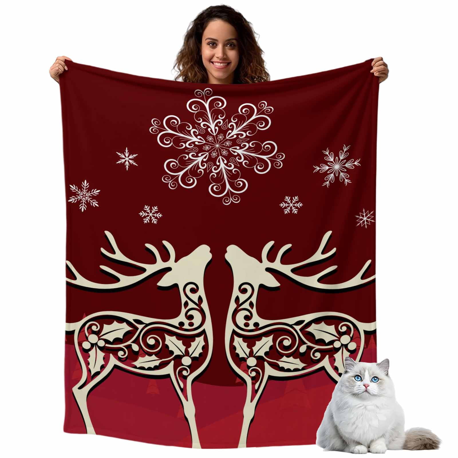 Christmas Fleece Throw Blanket Lightweight Abstract Reindeer Pine Leaf ...