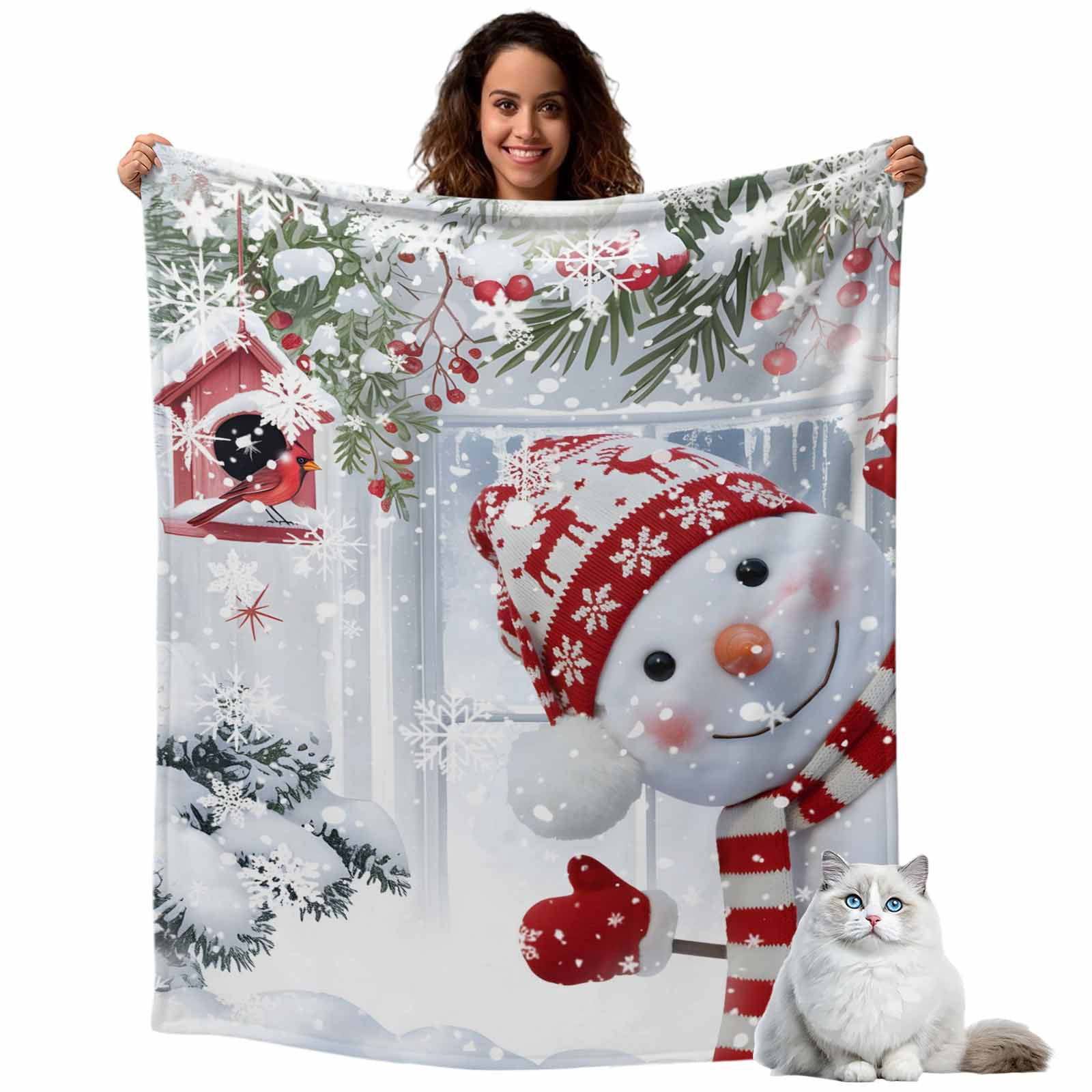 Christmas Fleece Throw Blanket Lightweight Cute Red Snowman Xmas Pine ...