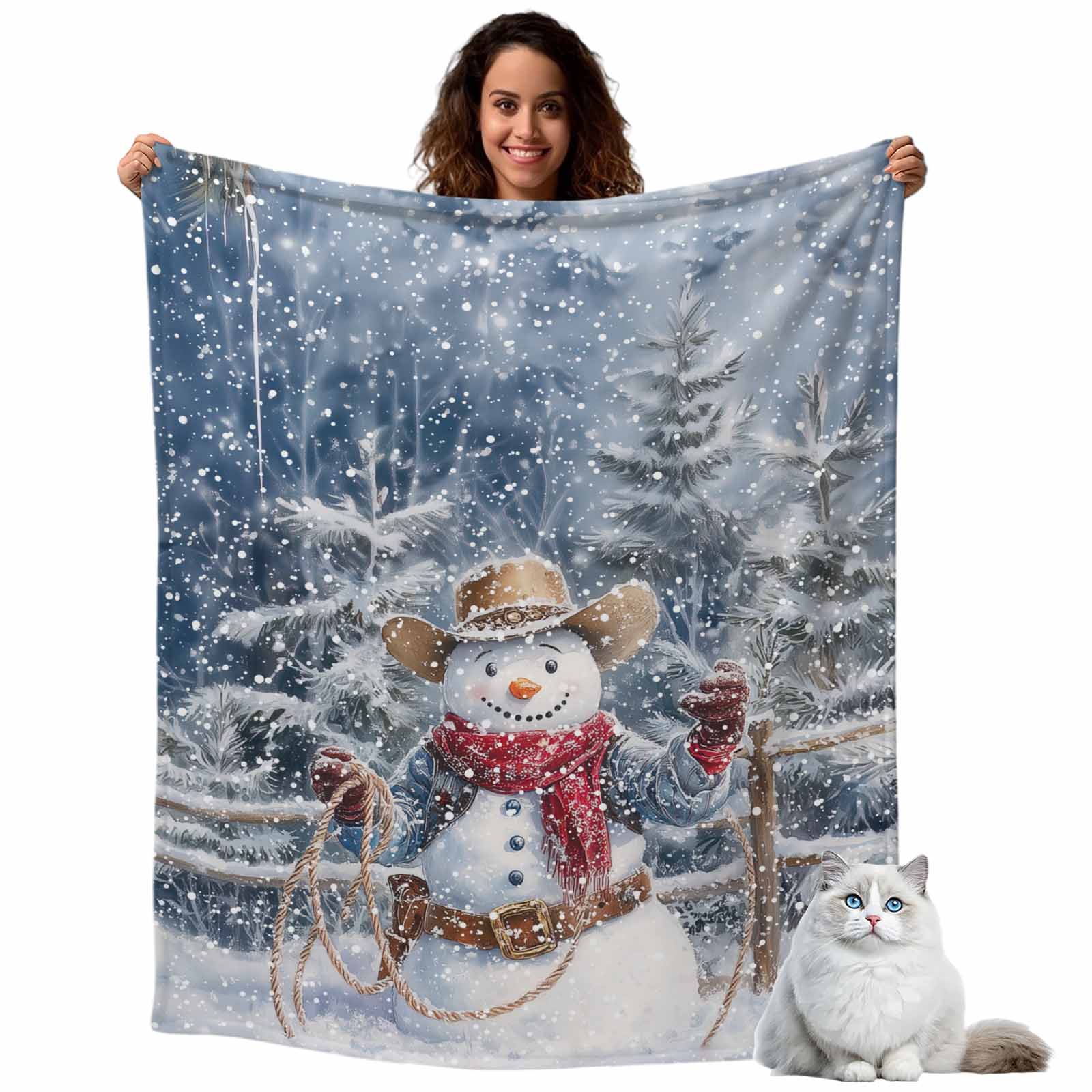 Christmas Fleece Throw Blanket Lightweight Western Cowboy Snowman Xmas ...