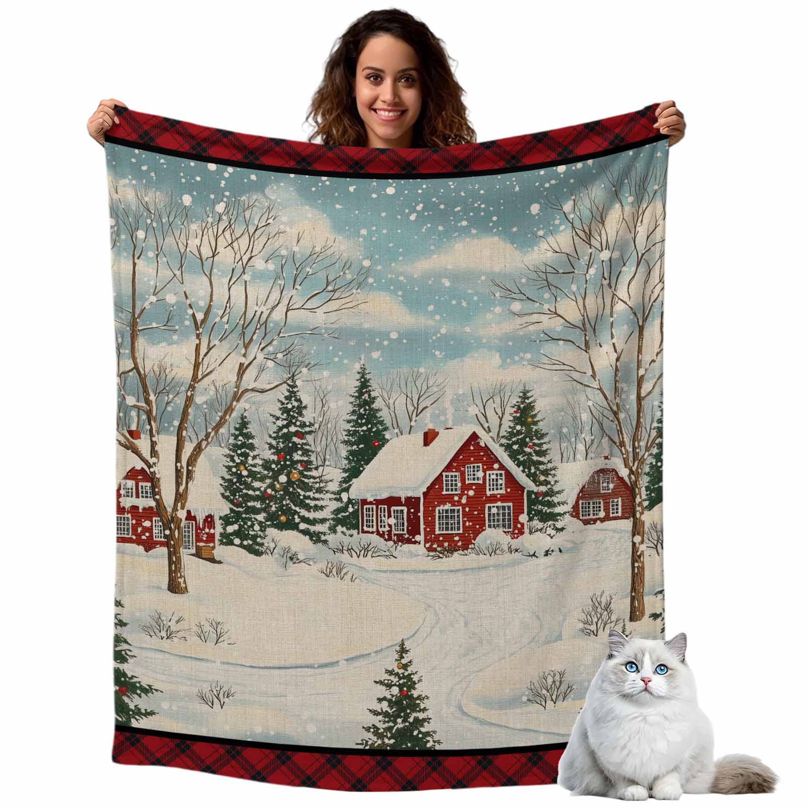 Christmas Fleece Throw Blanket Lightweight Winter Country House Holly ...
