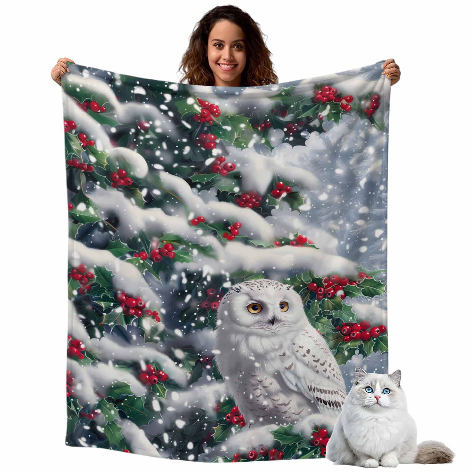 Christmas Fleece Throw Blanket Lightweight Winter Snow Owl Berries ...
