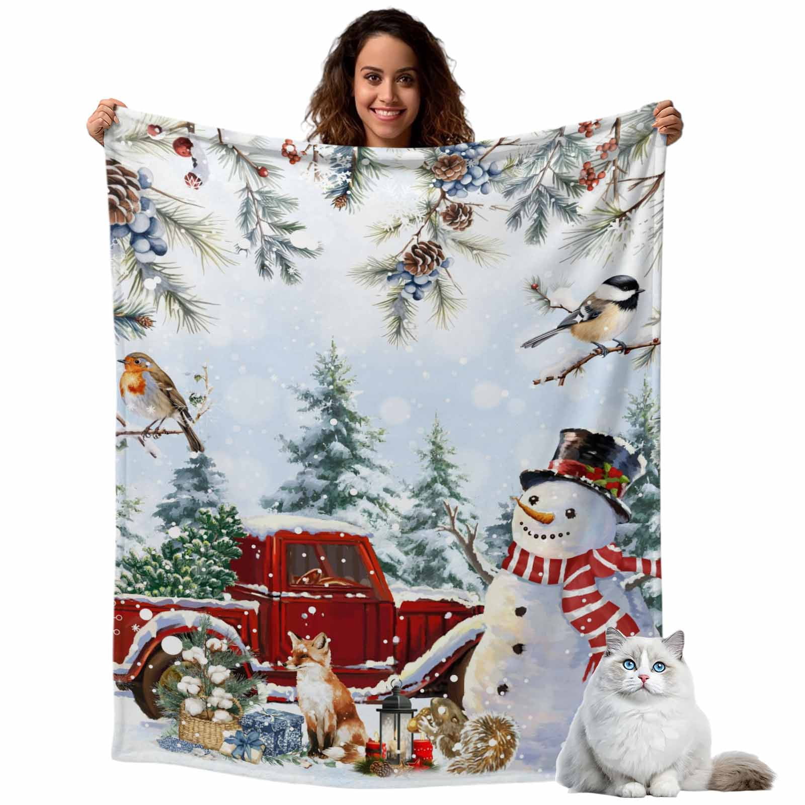 Christmas Fleece Throw Blanket Lightweight Xmas Snowman Truck Pine Tree ...