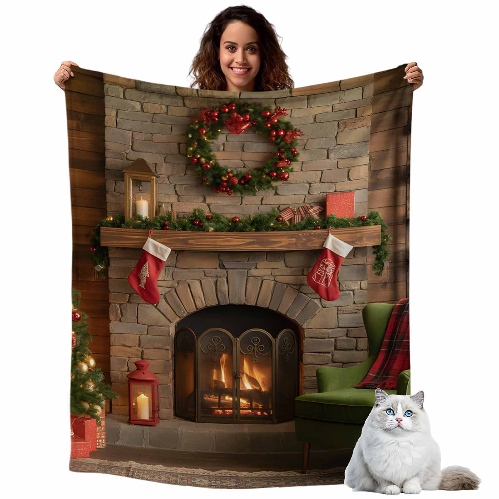 Christmas Fleece Throw Blanket Lightweight Xmas Tree Fireplace Pine ...