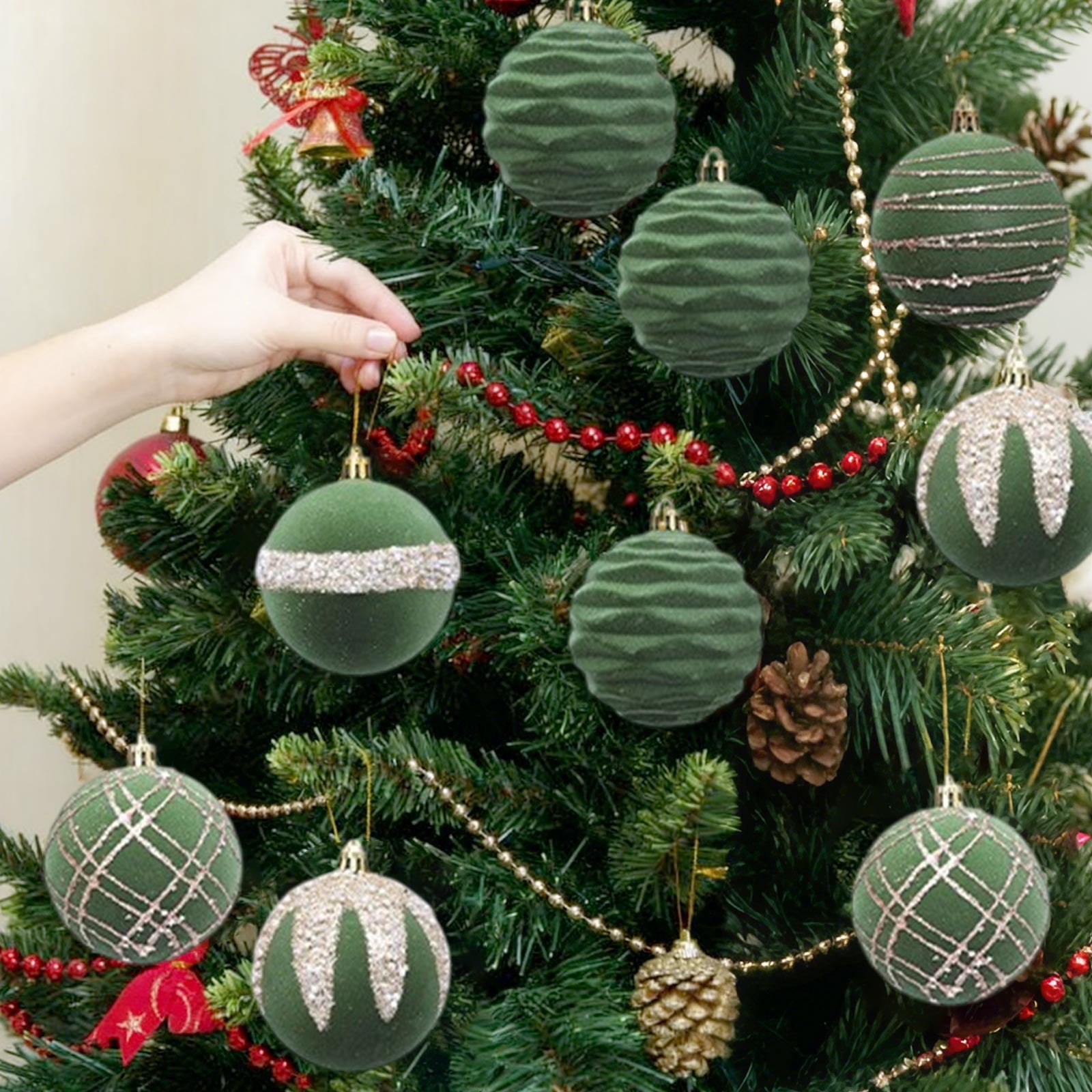 Christmas Flocked Christmas Tree Ornaments Set | 6pcs 8cm Decorative ...