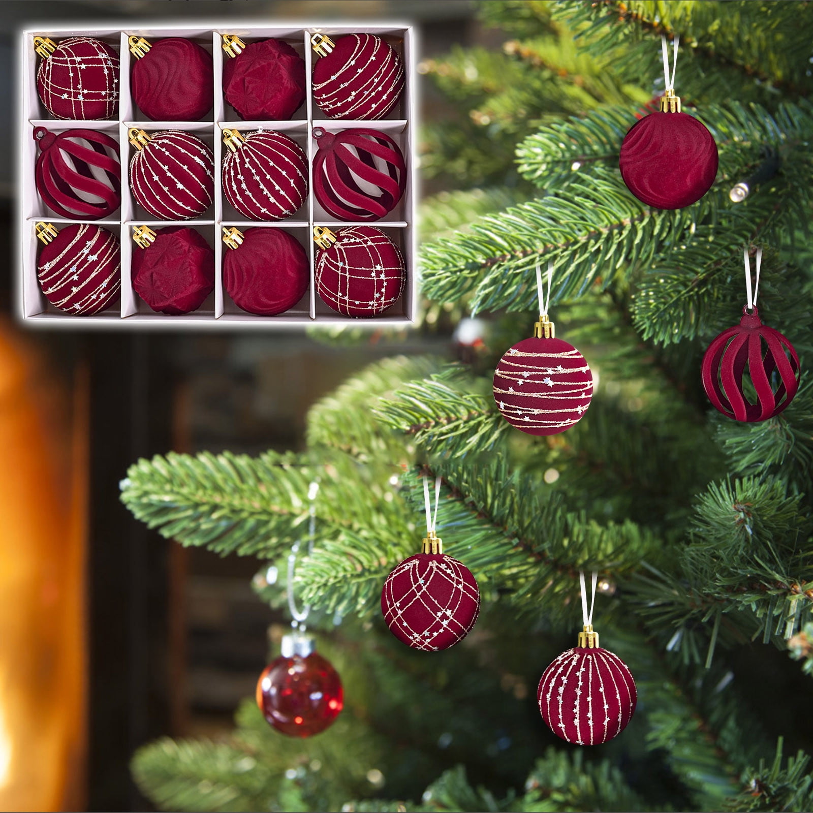 Christmas Flocking Ornament Balls Set | 12PCS Painted Plastic ...