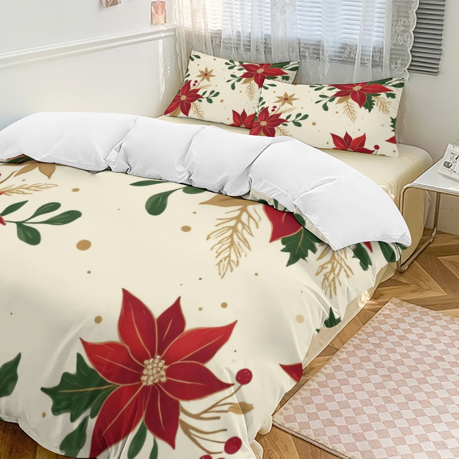 Christmas Floral Pattern Duvet Cover Set Themed Multicolor Polyester ...