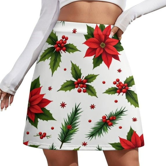 Christmas Floral Pattern Wallpaper Design Women's High Waist Skirt ...