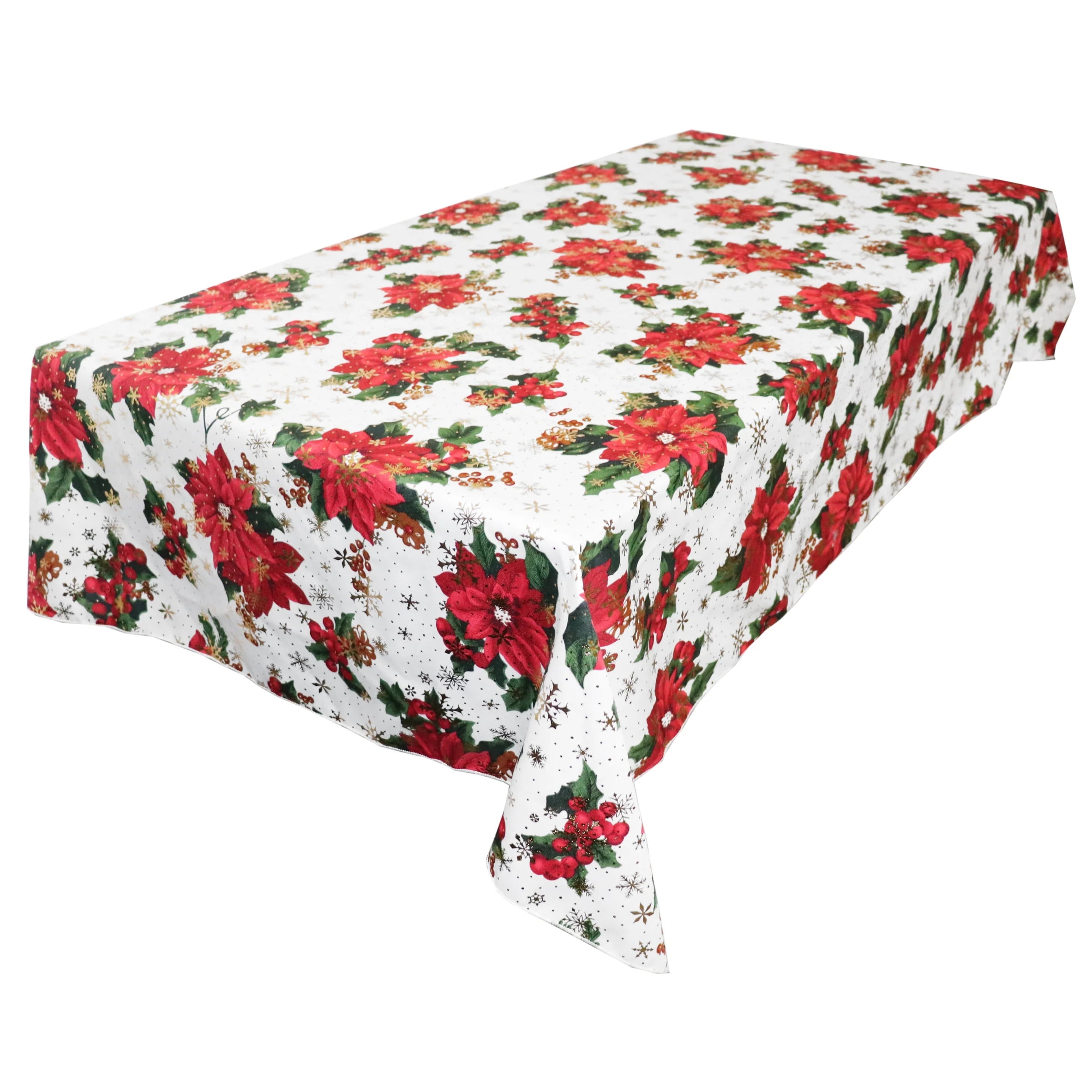 Christmas Floral Poinsettia and Holly Mistletoe Polyester Cotton ...