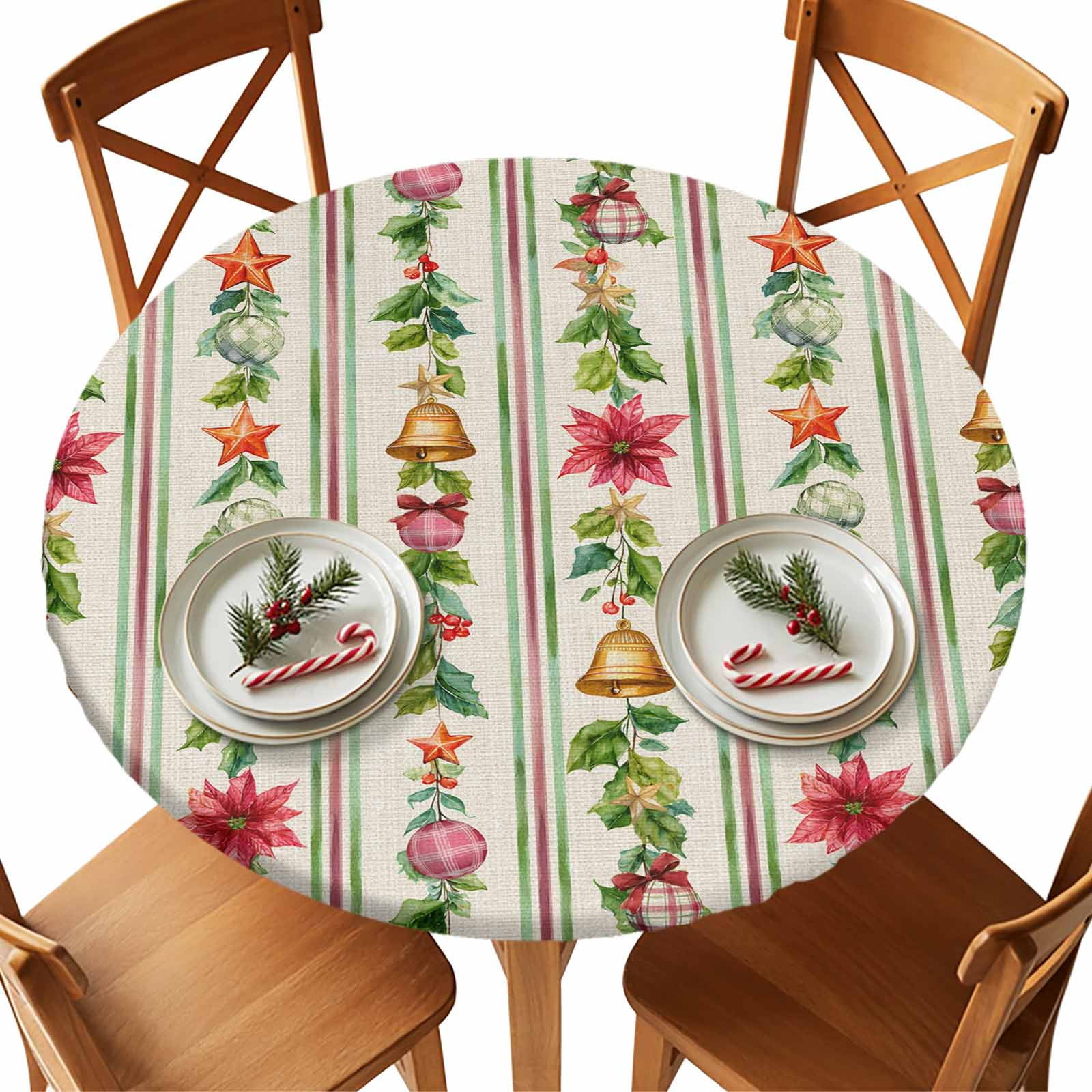 Christmas Flower Leaf Bell Bow Fitted Round Tablecloths Table Covers 36 ...