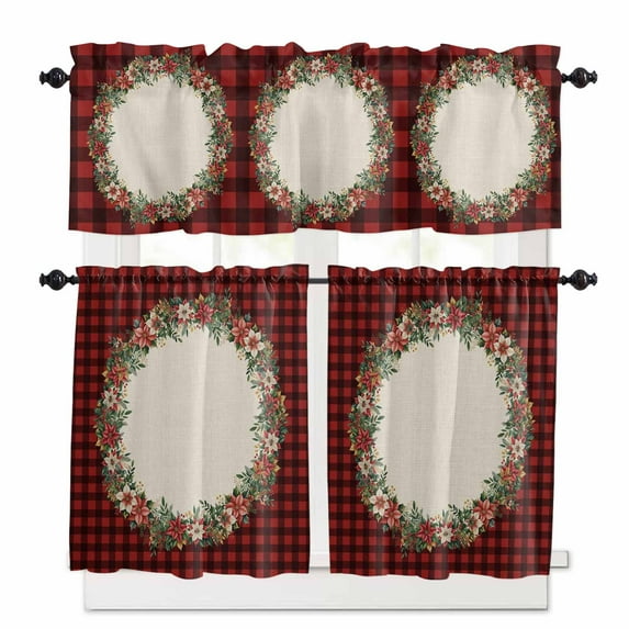 Christmas Flower Ring Kitchen Curtains Valances and Tiers Set of 3 Red ...