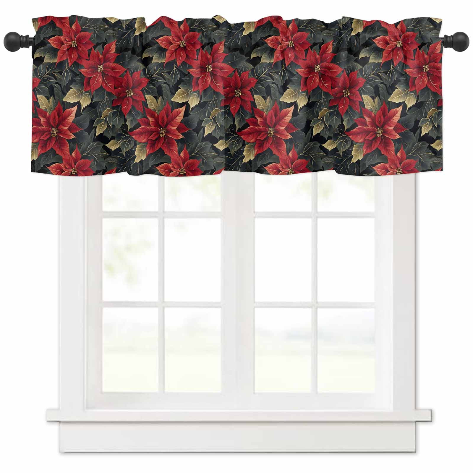 Christmas Flower Valances for Windows, Poinsettia Leaf Red Floral Light ...