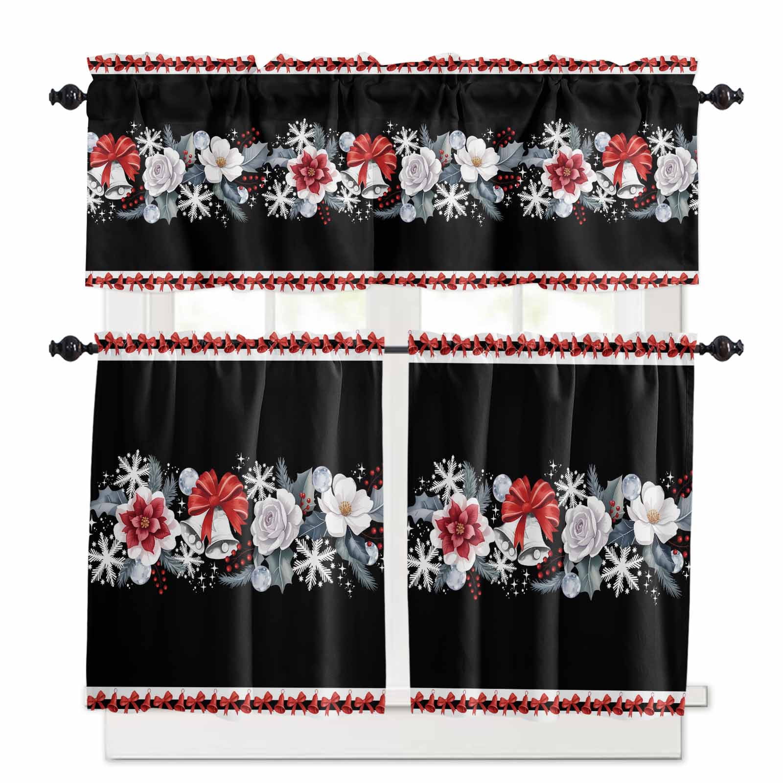 Christmas Flowers Kitchen Curtains and Valances Set, Winter Snowflakes ...