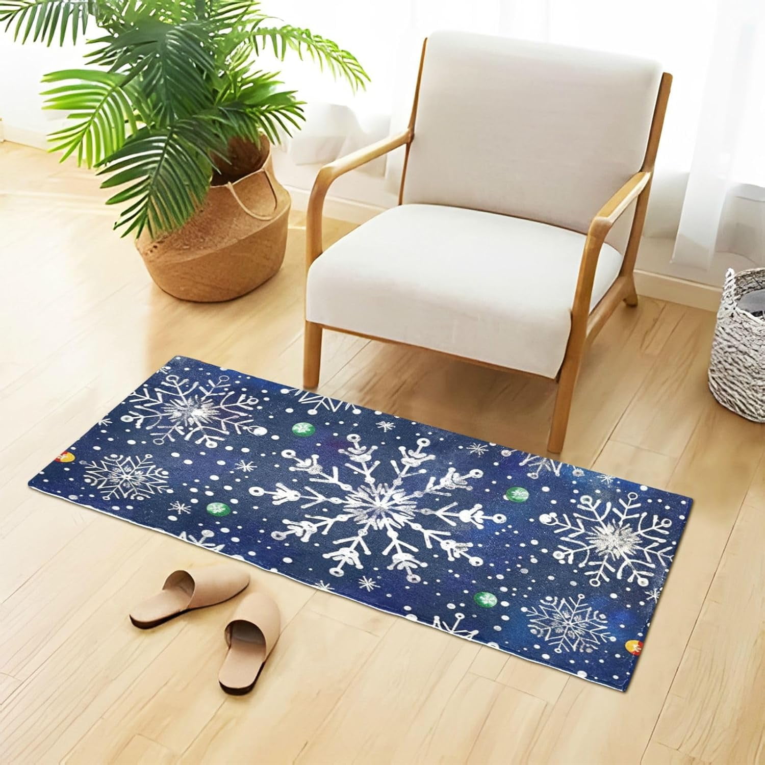 Christmas Fluffy Bath Rugs, White Snowflakes Blue Background Plush ...