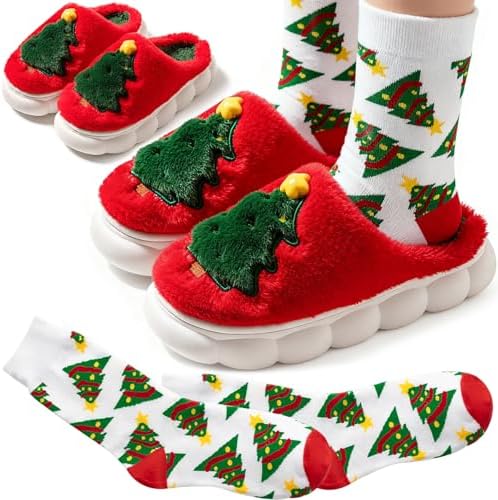 Christmas Fluffy Slippers for Women Men Embroidered Christmas Tree ...