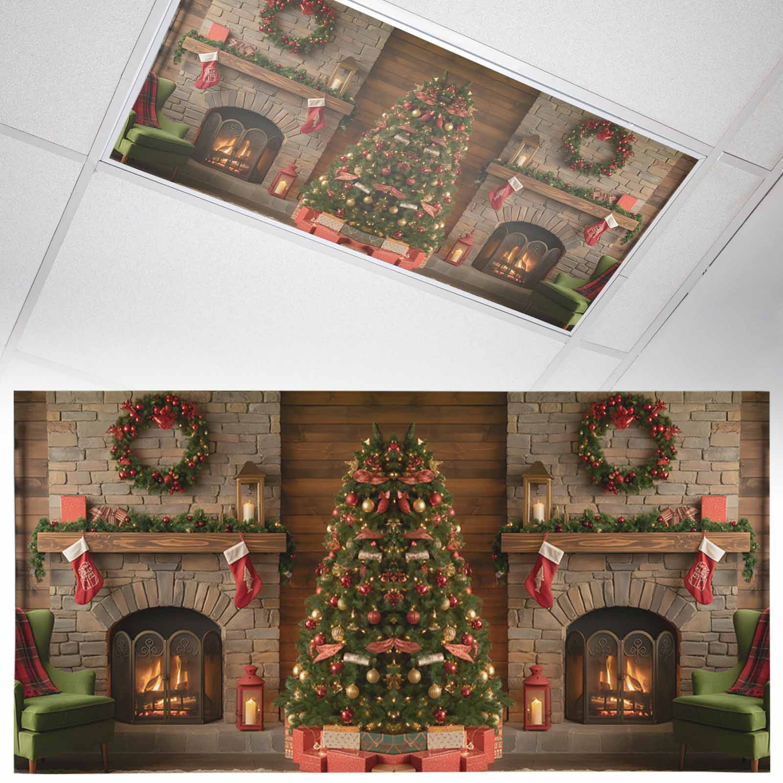 Christmas Fluorescent Light Covers Xmas Tree Fireplace Pine Wreath ...
