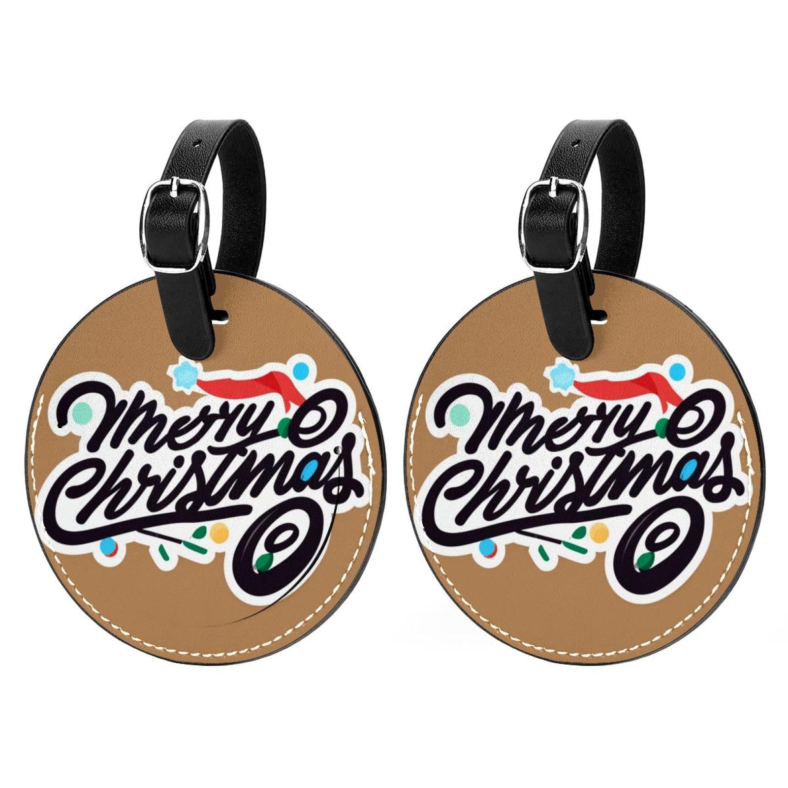 Christmas Font 2Pcs PU Leather Round Luggage Tags with Privacy Cover ...
