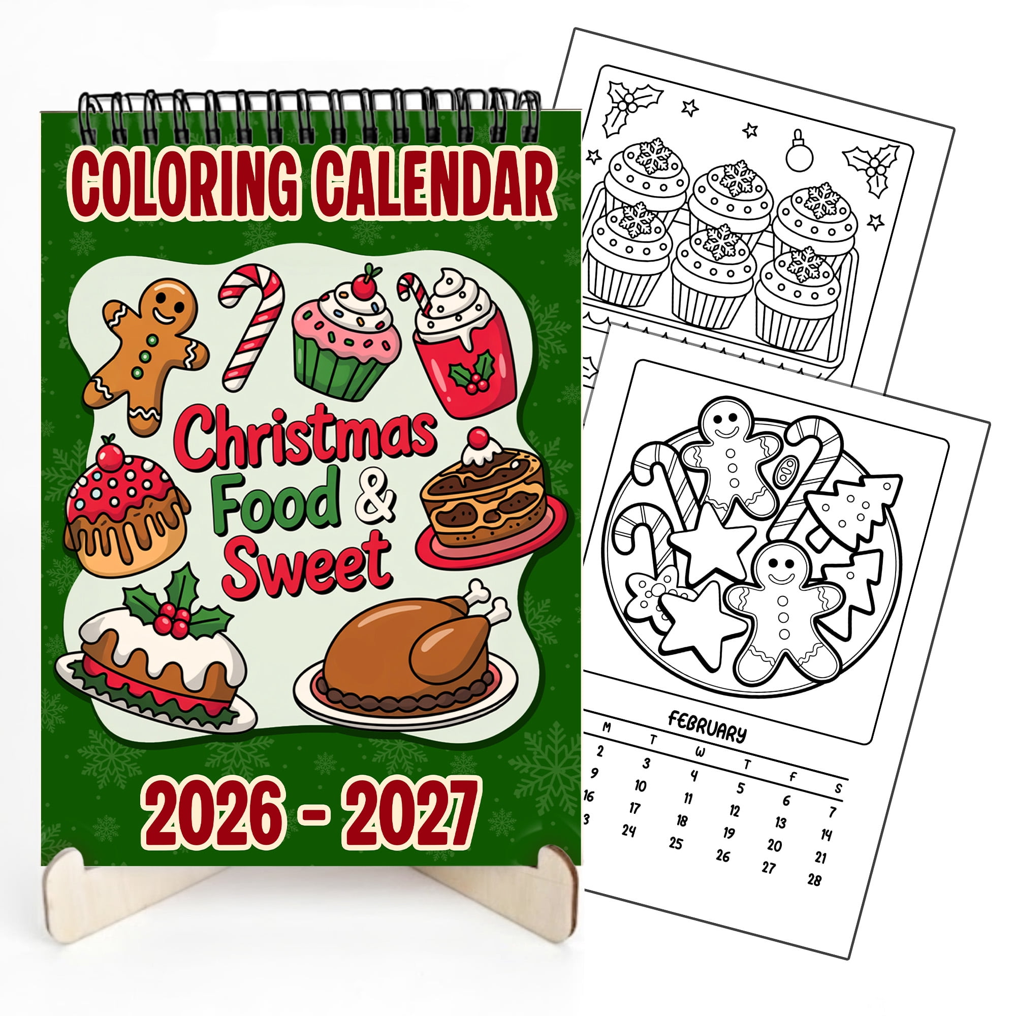 Christmas Foods & Sweet Coloring Desk Calendar 2026–2027, A5 Wooden ...
