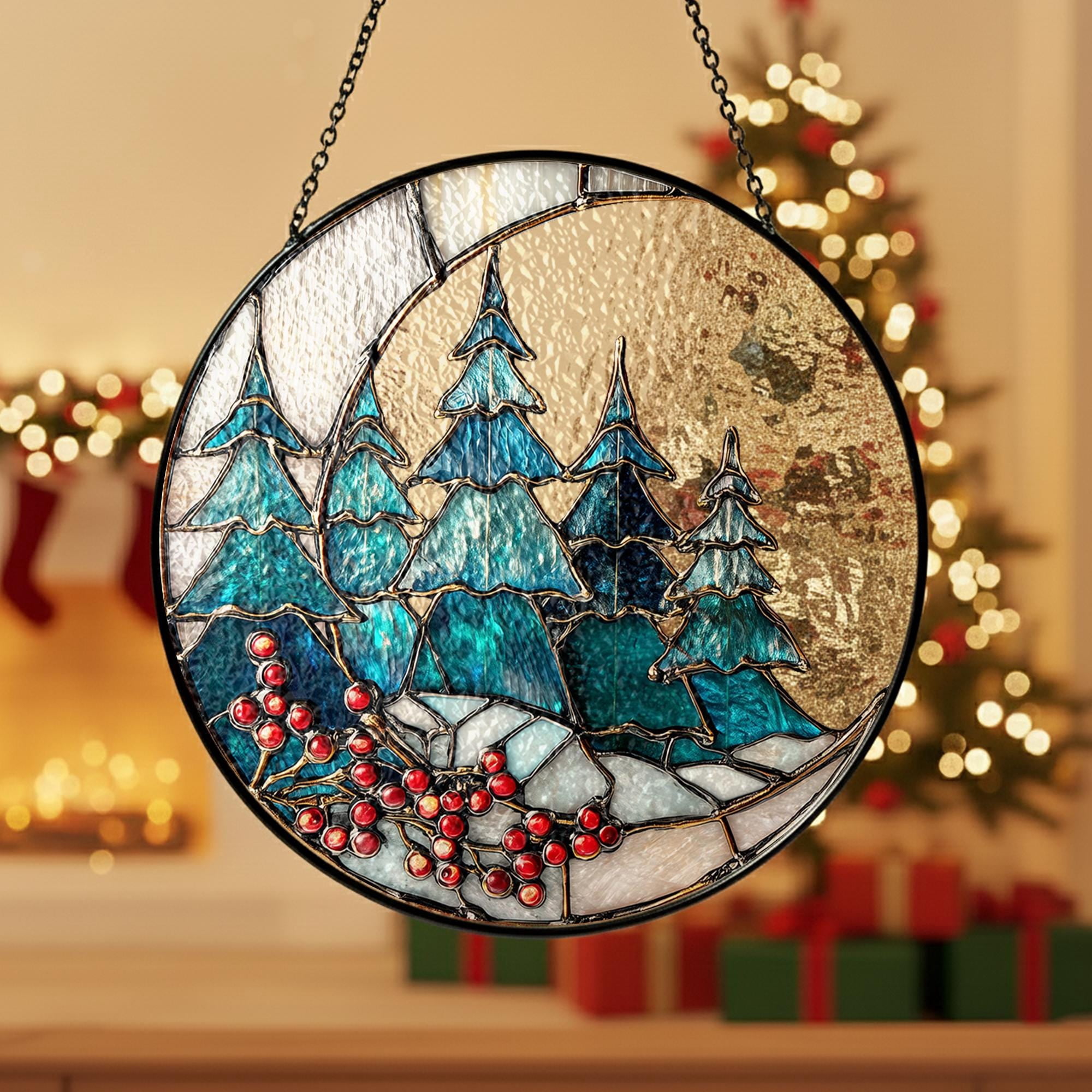 Christmas Forest Winter Tree Stained Glass Suncatcher Snowy Landscape ...