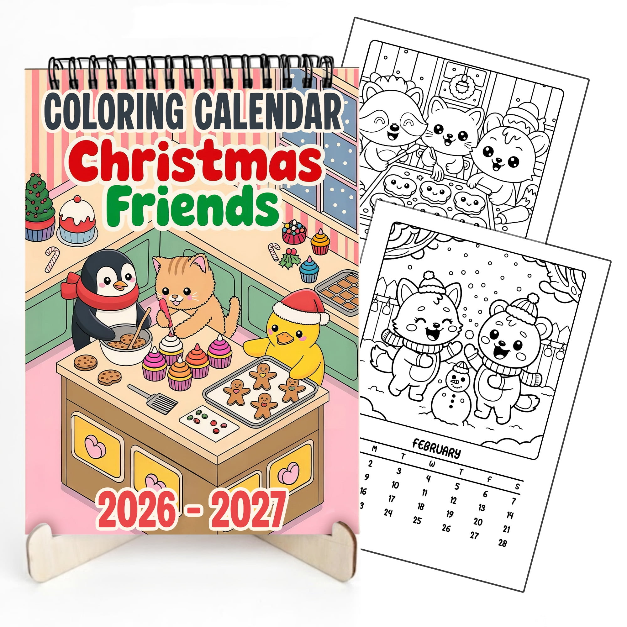 Christmas Friends Coloring Desk Calendar 2026–2027, A5 Wooden Cover ...