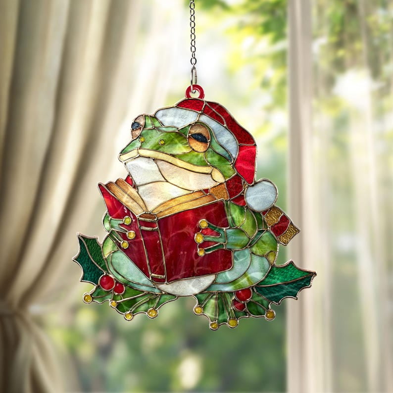 Christmas Frog Stained Glass Suncatcher – Santa Hat Holiday Window ...