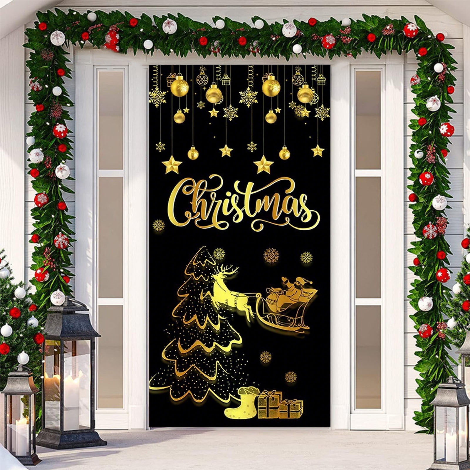 Christmas Front Door Cover Christmas Door Curtain Flag Outdoor Photo ...