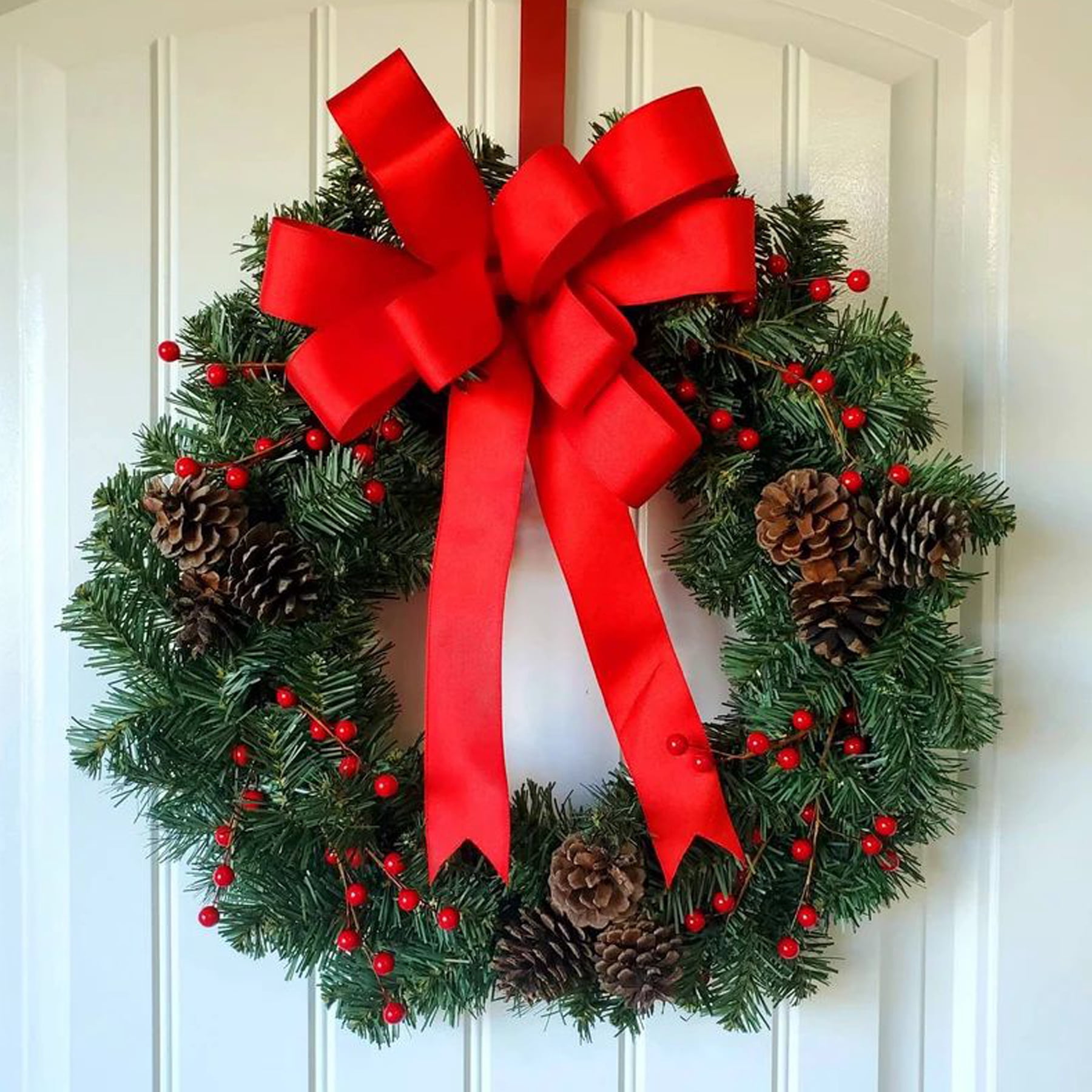 Christmas Front Door Wreath with Red Bow, Red Berries and Pinecones ...