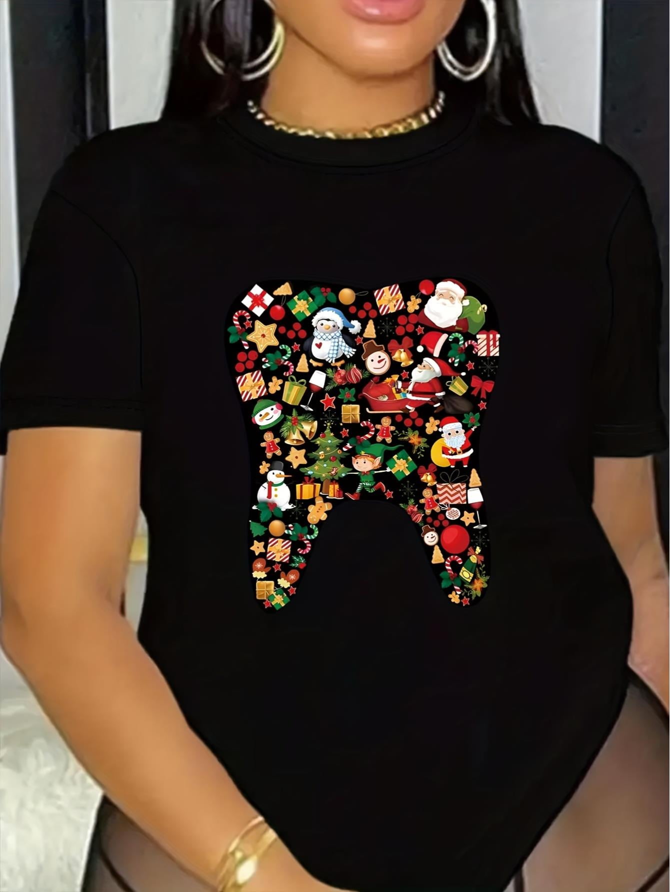Christmas & Fun Teeth Print Crew Neck T-shirt, Casual Short Sleeve Top ...