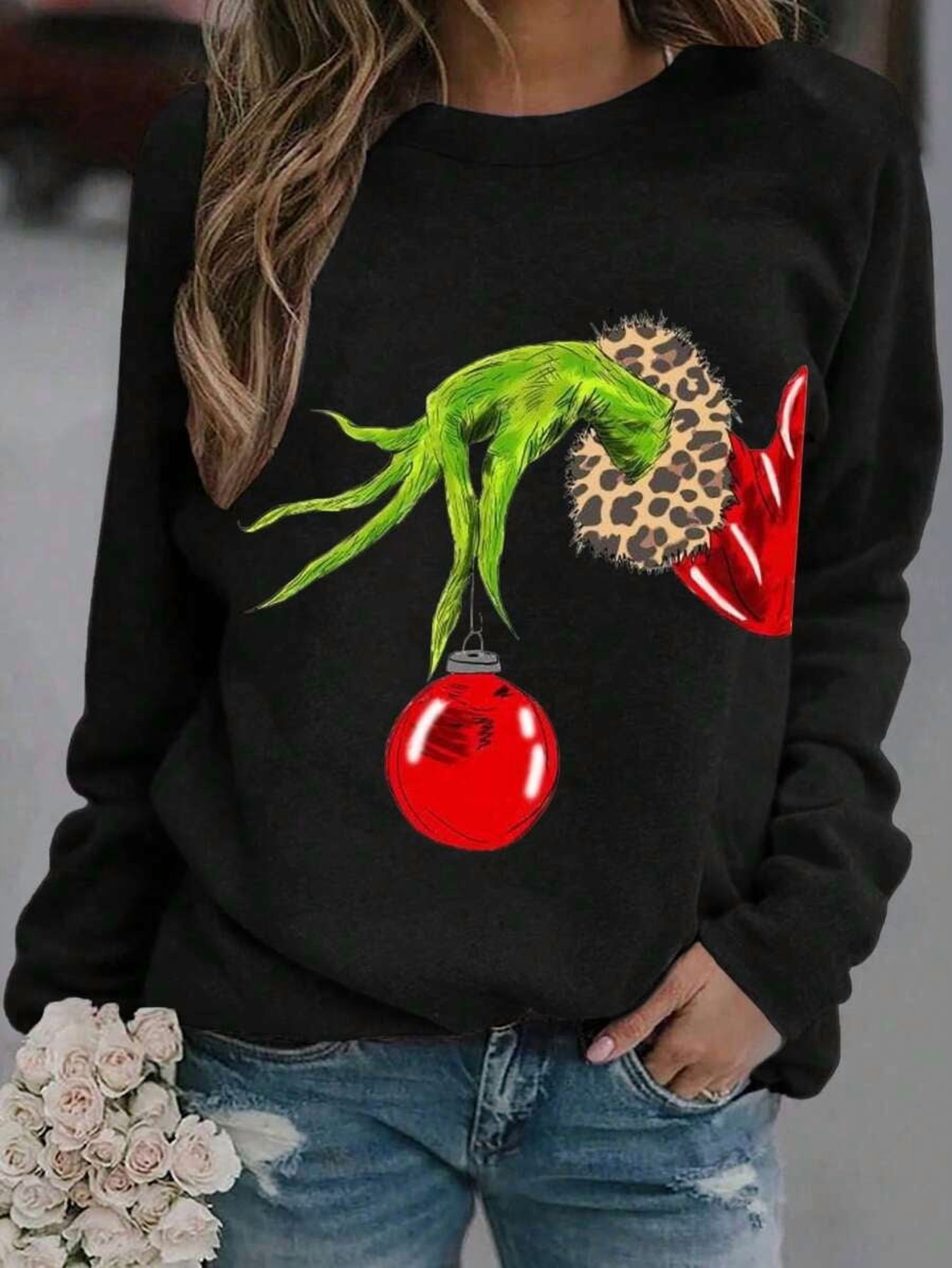 Christmas Funny Graphic Print Casual Crew Neck Long Sleeve T-Shirt ...