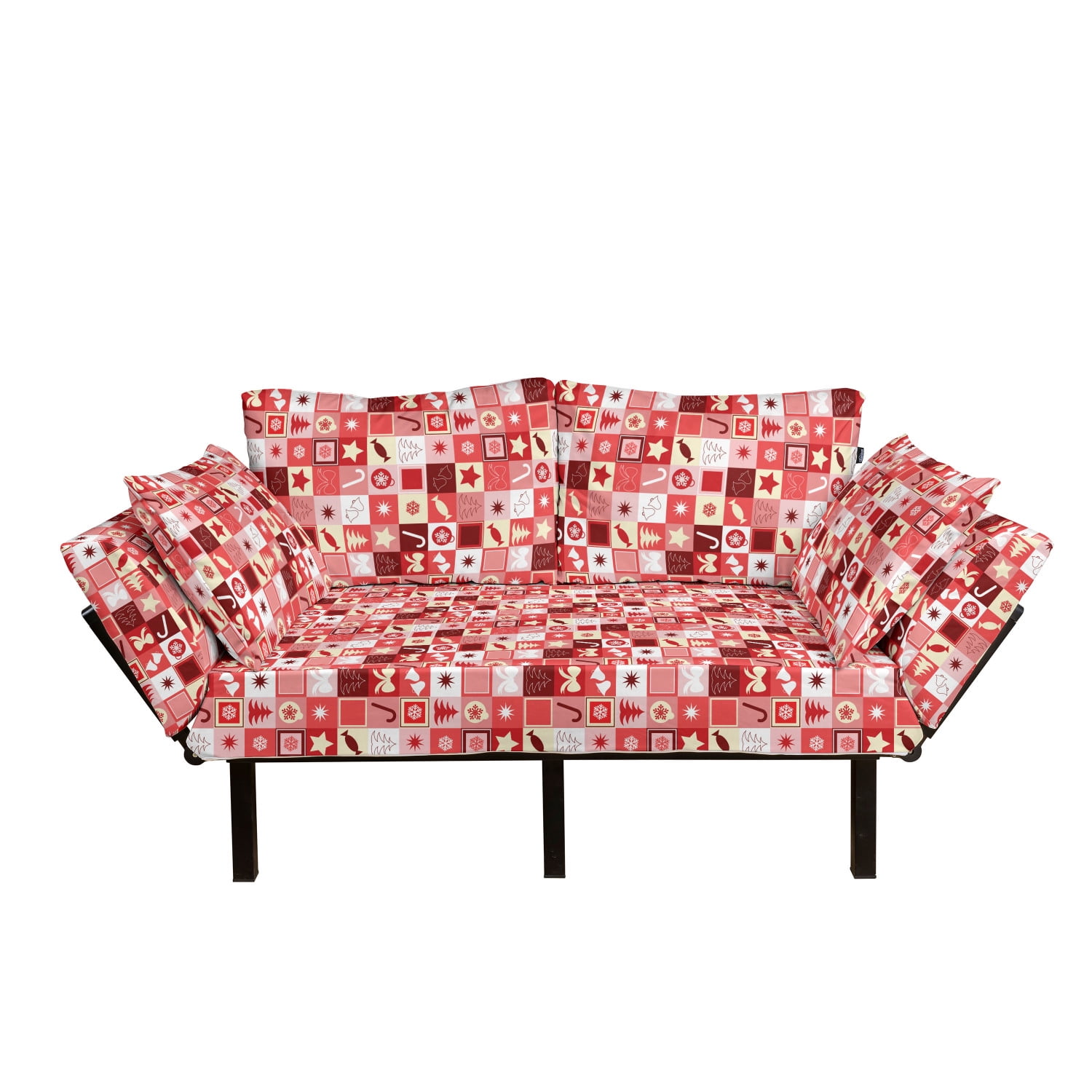 Christmas Futon Couch, Xmas Candy Cones Stars Ribbons Hand Bells Pines ...