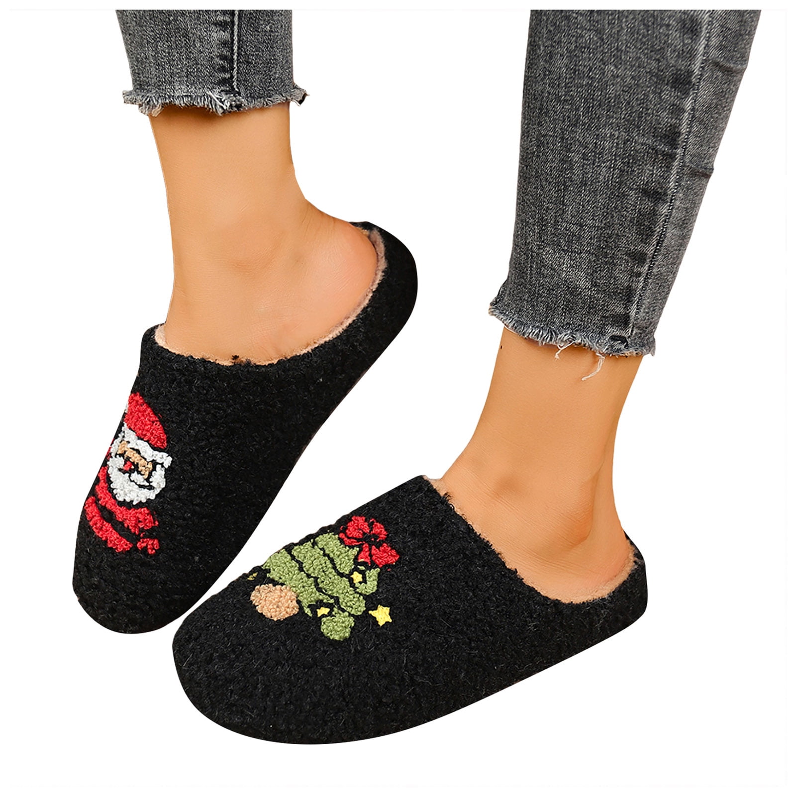 Christmas Fuzzy Slippers for Women Cute Santa Xmas Tree Print Funny ...
