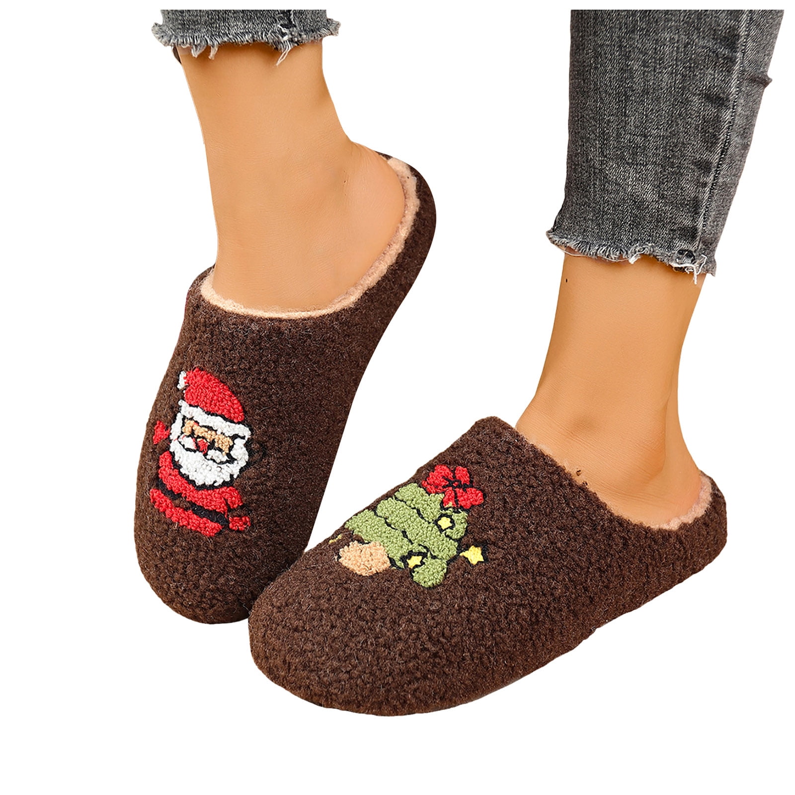 Christmas Fuzzy Slippers for Women Cute Santa Xmas Tree Print Funny ...