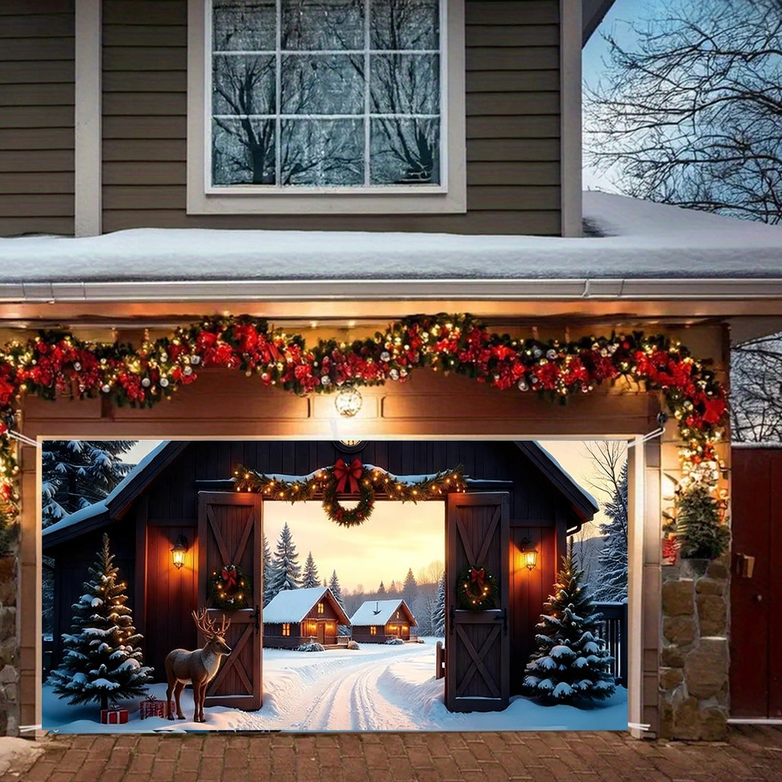 Christmas Garage Background Cloth Christmas Garage Door Decoration for ...