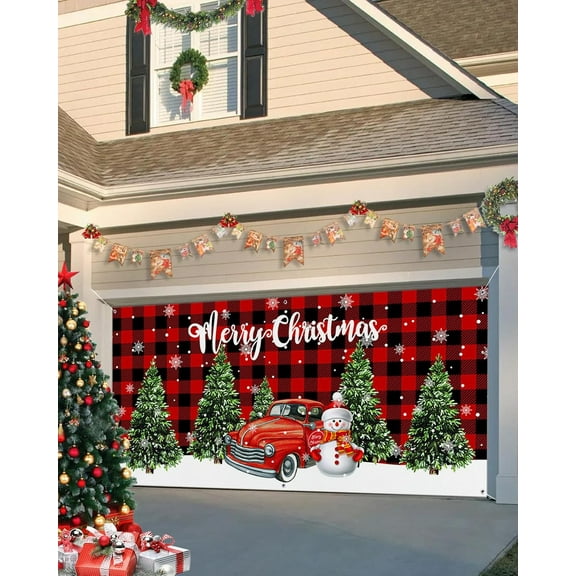 Garage Door Banner Cover 7 x 8 ft, Merry Christmas Xmas Tree Snowman ...