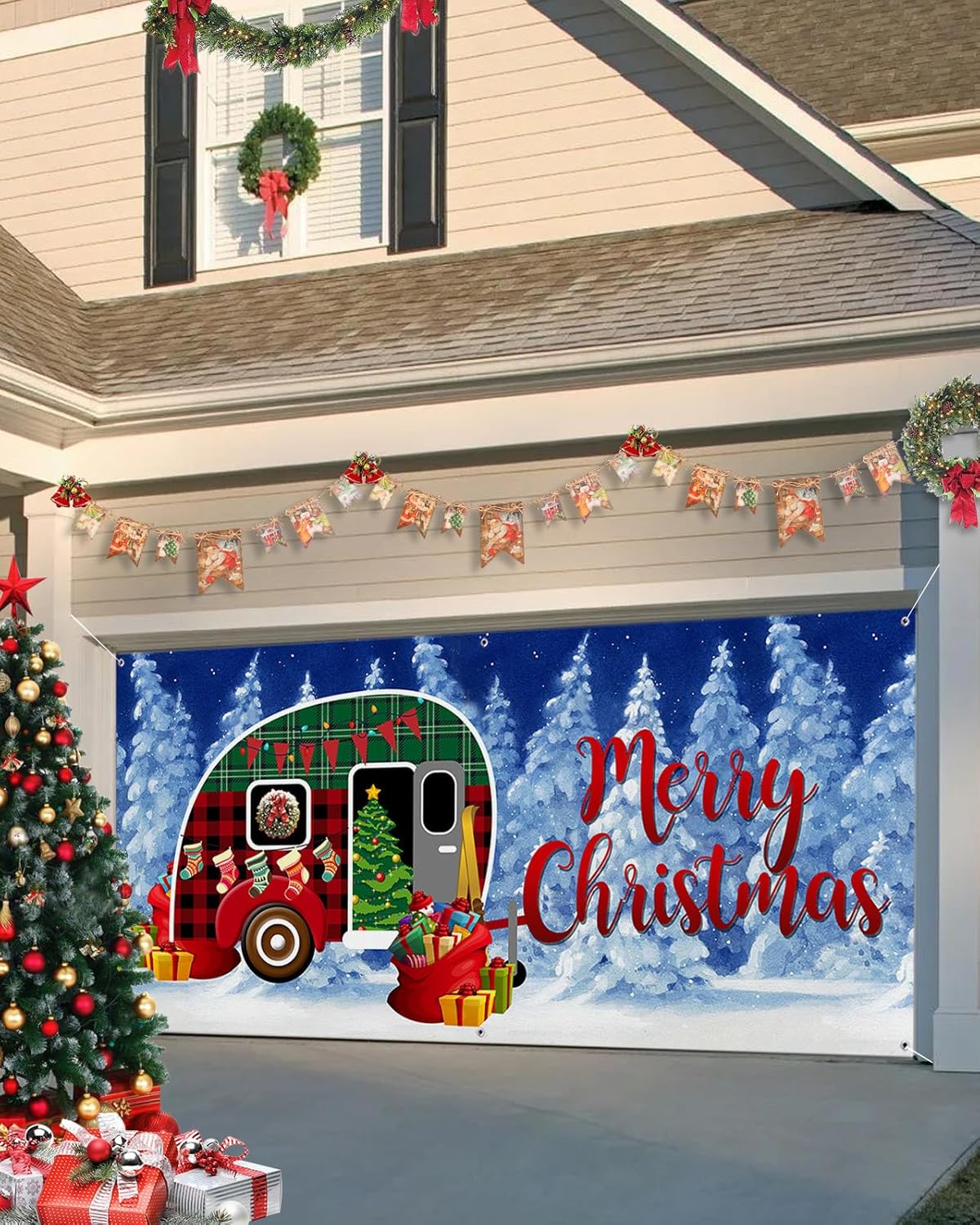 Christmas Garage Door Banner Cover 6 x 13 ft, Merry Christmas Tree Gift ...