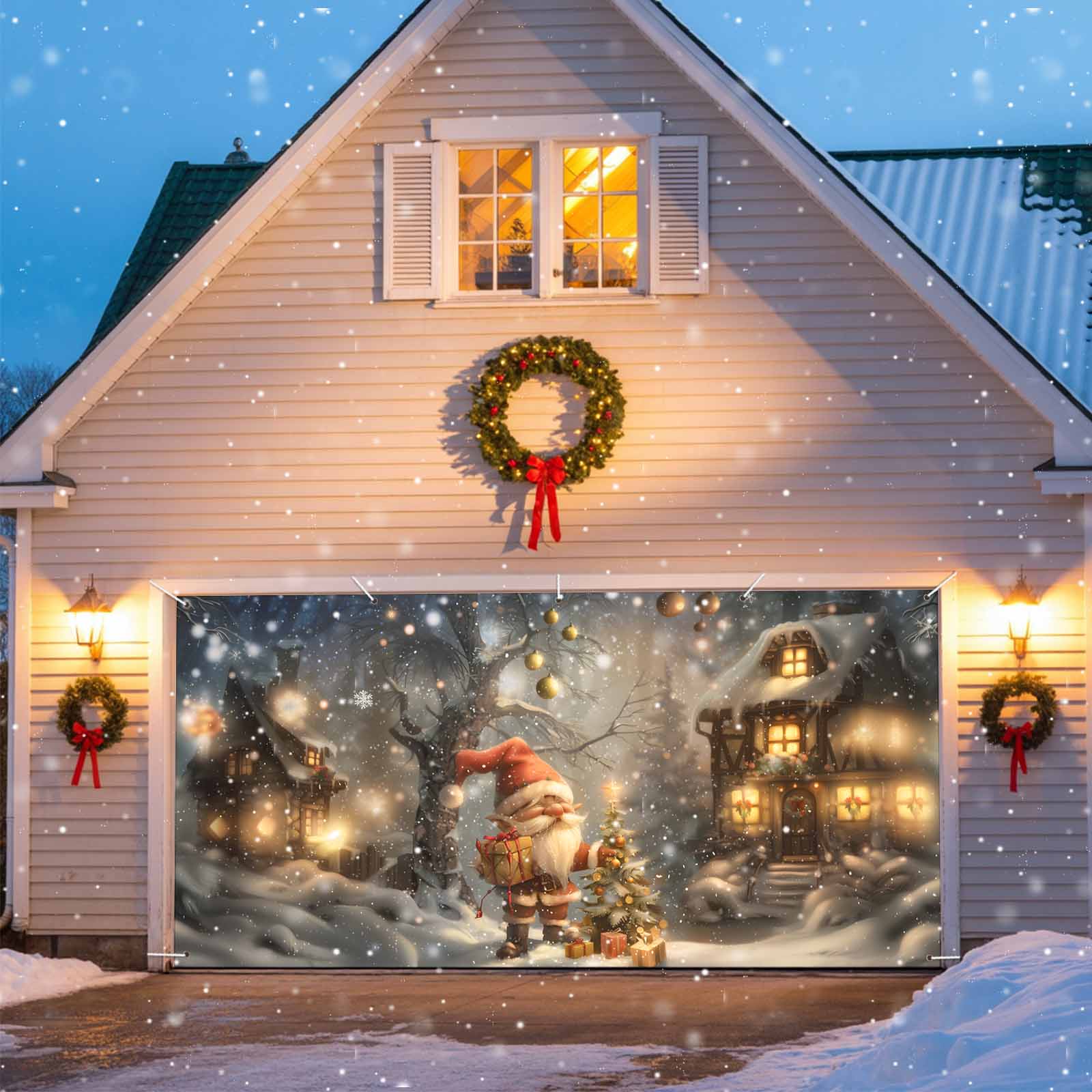 Christmas Garage Door Banner Covers, Cartoon Gnome Elf Lights Snow ...