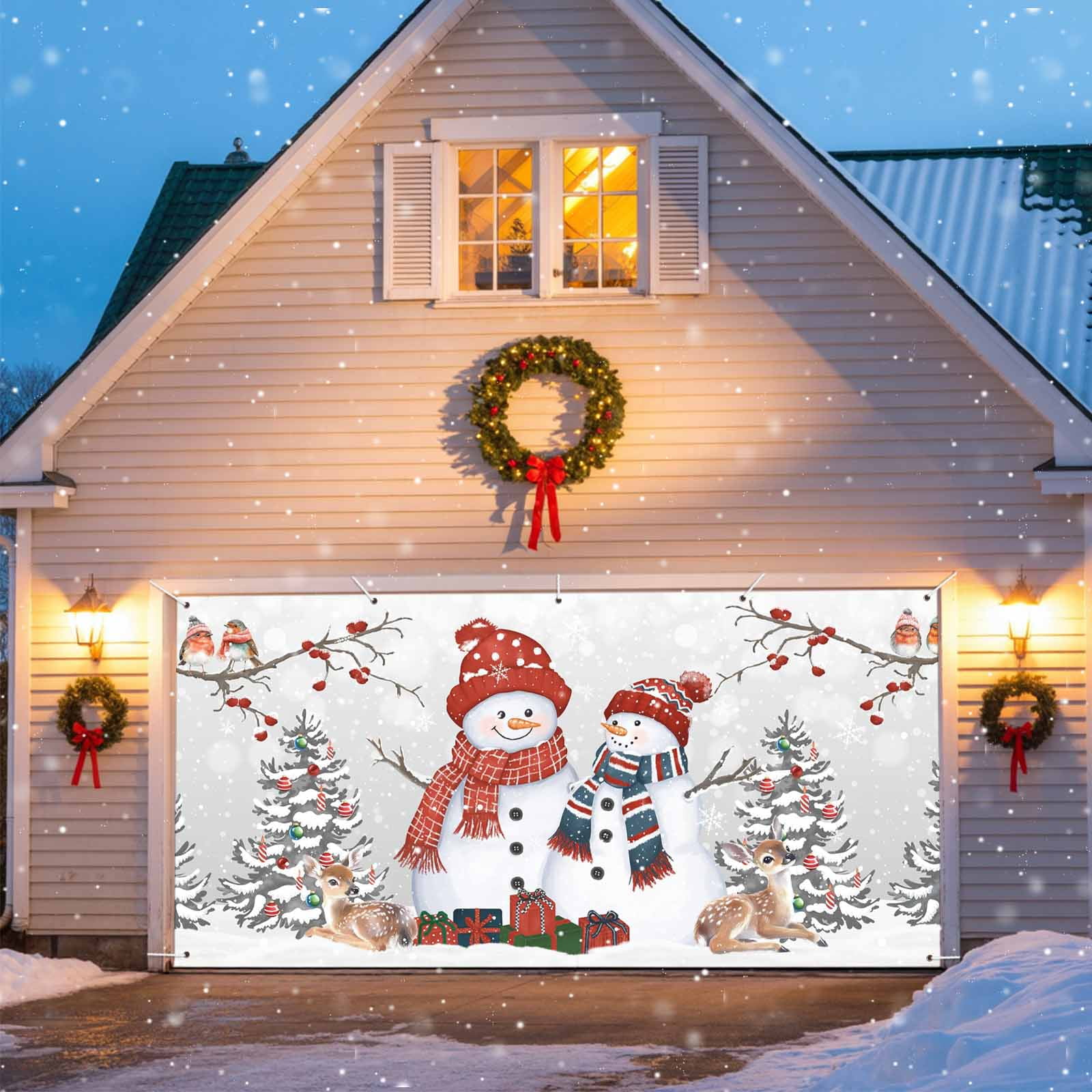 Christmas Garage Door Banner Covers, Red Xmas Snowman Pine Tree Deer ...