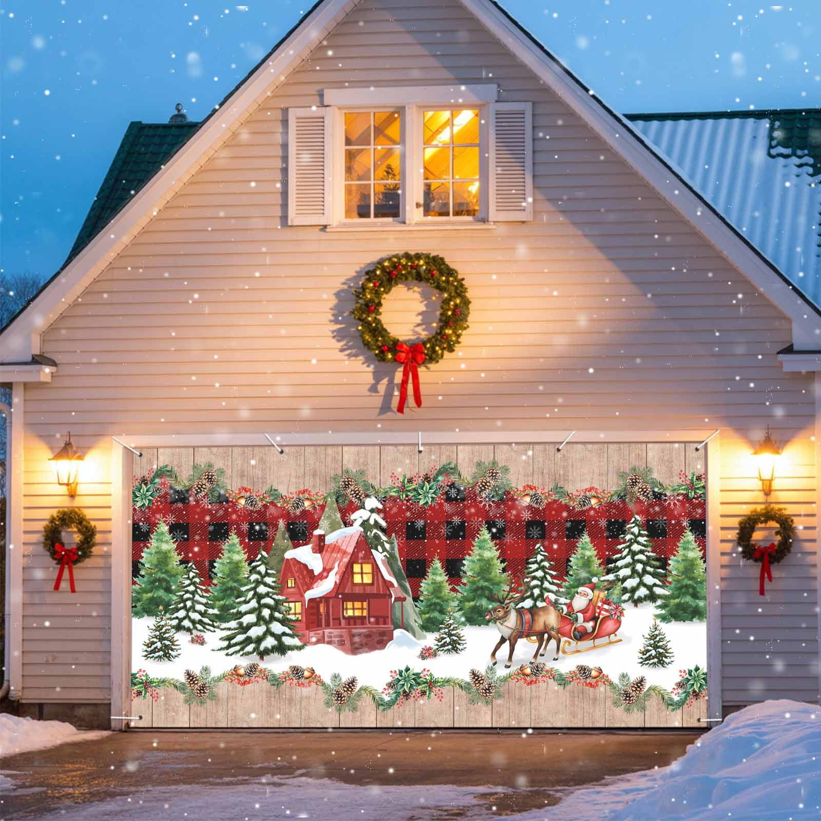 Christmas Garage Door Banner Covers, Reindeer Sled Cottage Trees Plants ...
