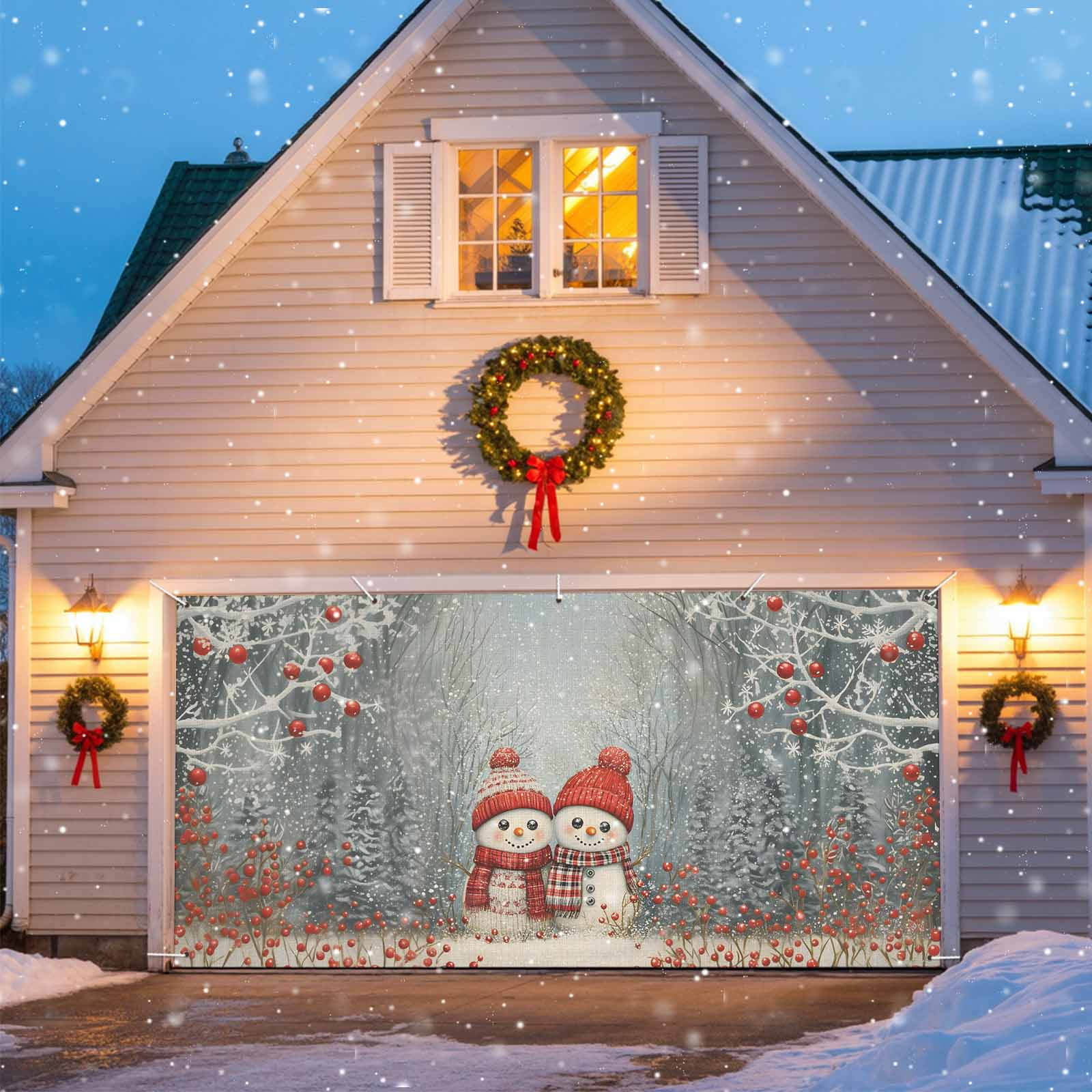 Christmas Garage Door Banner Covers, Winter Forest Berry Snowman Beige ...